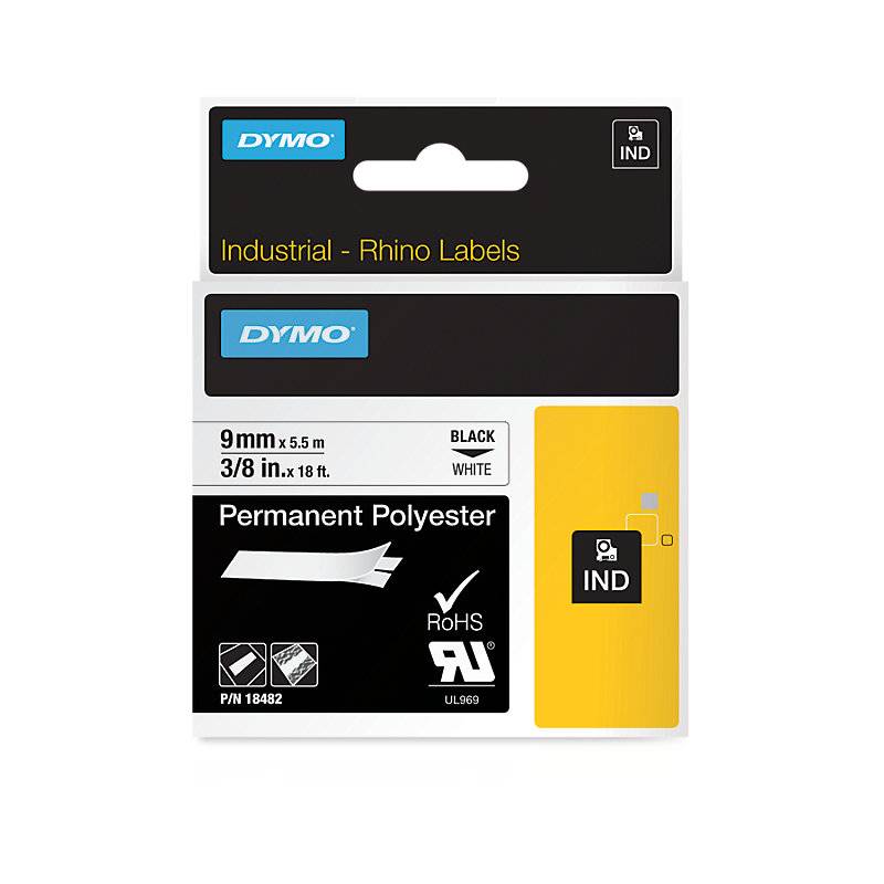 Dymo Rhino Industrial Label Tape 9mmx5.5m Vinyl Black/White 3/8 ...